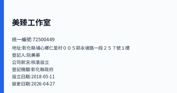 美臻工作室的照片-統編 72500449(彰化縣) 公司登記資料與營業項目詳細圖表