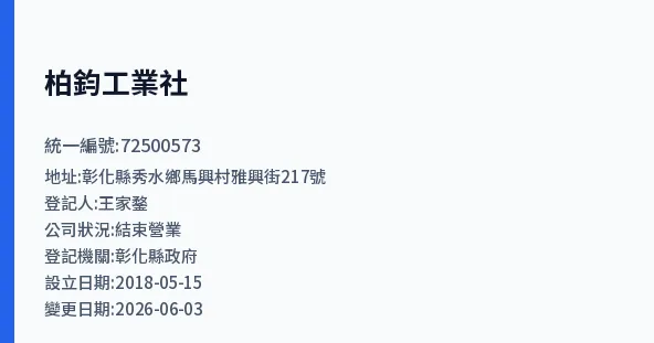 柏鈞工業社的照片-統編 72500573(彰化縣) 公司登記資料與營業項目詳細圖表