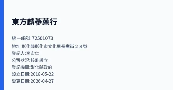 東方麟蔘藥行的照片-統編 72501073(彰化縣) 公司登記資料與營業項目詳細圖表