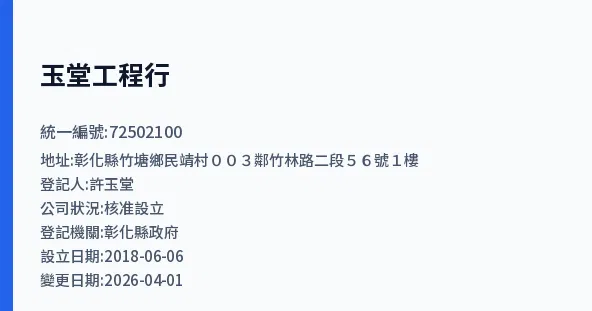 玉堂工程行的照片-統編 72502100(彰化縣) 公司登記資料與營業項目詳細圖表