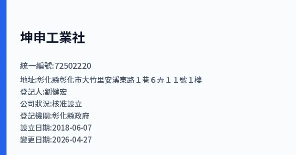 坤申工業社的照片-統編 72502220(彰化縣) 公司登記資料與營業項目詳細圖表