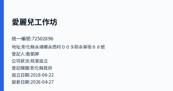 愛麗兒工作坊的照片-統編 72502896(彰化縣) 公司登記資料與營業項目詳細圖表