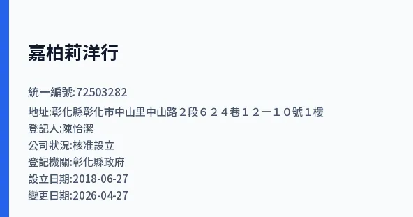 嘉柏莉洋行的照片-統編 72503282(彰化縣) 公司登記資料與營業項目詳細圖表