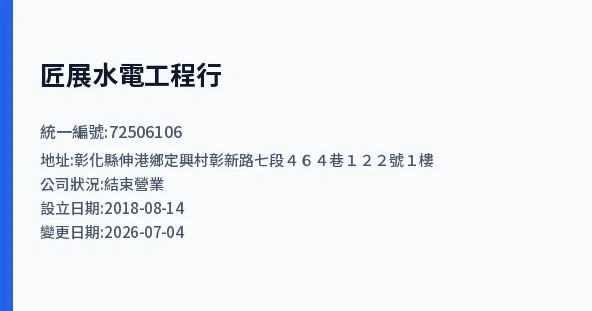 匠展水電工程行的照片-統編 72506106(彰化縣) 公司登記資料與營業項目詳細圖表