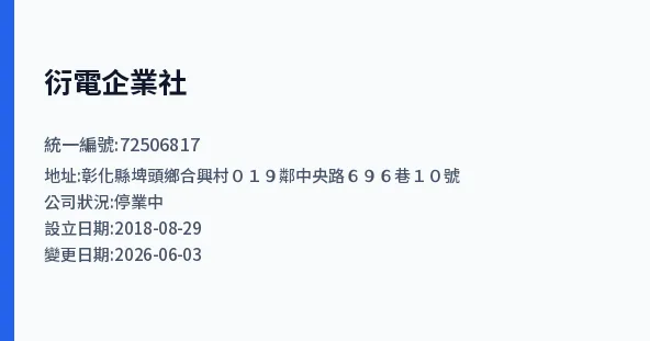 衍電企業社的照片-統編 72506817(彰化縣) 公司登記資料與營業項目詳細圖表