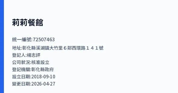 莉莉餐館的照片-統編 72507463(彰化縣) 公司登記資料與營業項目詳細圖表