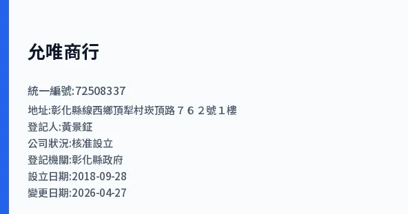 允唯商行的照片-統編 72508337(彰化縣) 公司登記資料與營業項目詳細圖表