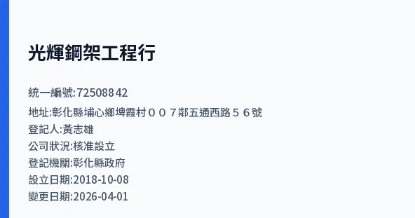 光輝鋼架工程行的照片-統編 72508842(彰化縣) 公司登記資料與營業項目詳細圖表