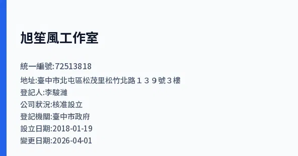 旭笙風工作室的照片-統編 72513818(臺中市) 公司登記資料與營業項目詳細圖表