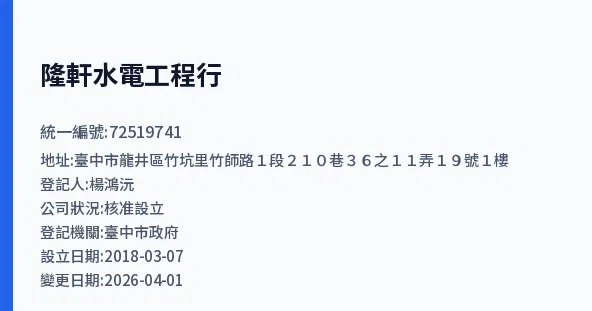 隆軒水電工程行的照片-統編 72519741(臺中市) 公司登記資料與營業項目詳細圖表