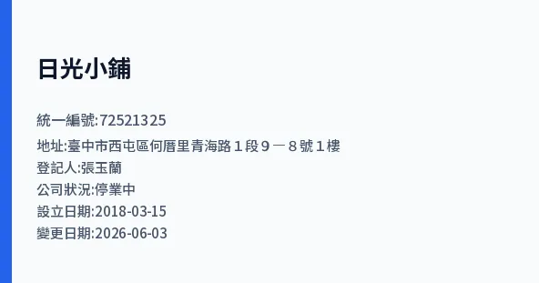 日光小鋪的照片-統編 72521325(臺中市) 公司登記資料與營業項目詳細圖表