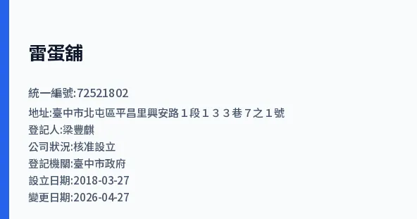 雷蛋舖的照片-統編 72521802(臺中市) 公司登記資料與營業項目詳細圖表