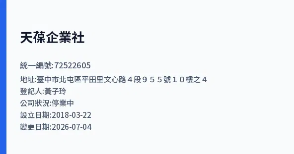 天葆企業社的照片-統編 72522605(臺中市) 公司登記資料與營業項目詳細圖表