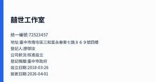 囍世工作室的照片-統編 72523457(臺中市) 公司登記資料與營業項目詳細圖表