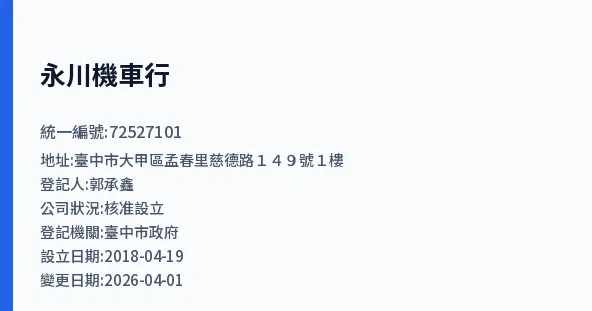 永川機車行的照片-統編 72527101(臺中市) 公司登記資料與營業項目詳細圖表