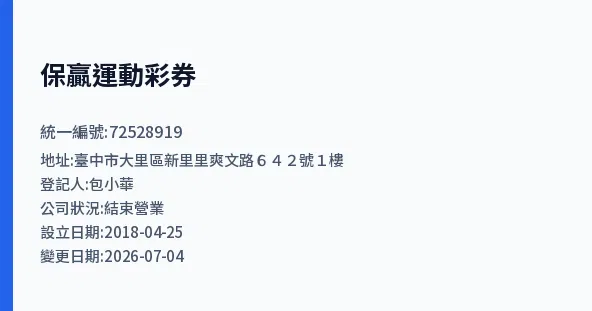 保贏運動彩券的照片-統編 72528919(臺中市) 公司登記資料與營業項目詳細圖表