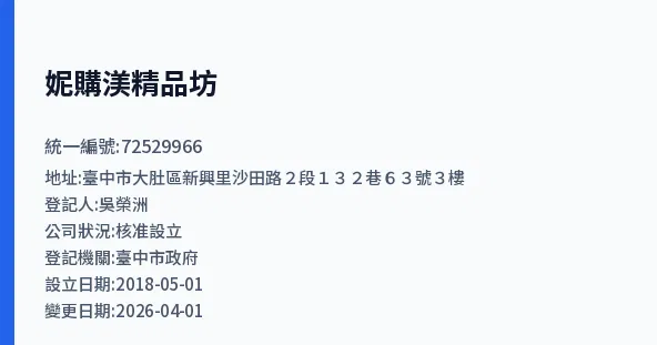 妮購渼精品坊的照片-統編 72529966(臺中市) 公司登記資料與營業項目詳細圖表