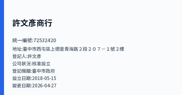 許文彥商行的照片-統編 72532420(臺中市) 公司登記資料與營業項目詳細圖表