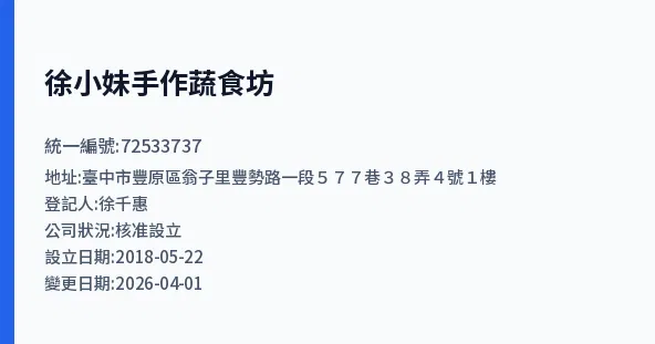 徐小妹手作蔬食坊的照片-統編 72533737(臺中市) 公司登記資料與營業項目詳細圖表