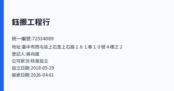 鈺振工程行的照片-統編 72534089(臺中市) 公司登記資料與營業項目詳細圖表