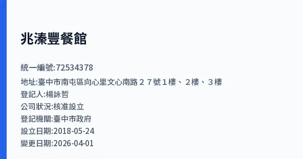 兆溱豐餐館的照片-統編 72534378(臺中市) 公司登記資料與營業項目詳細圖表