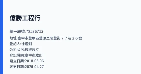 億勝工程行的照片-統編 72536713(臺中市) 公司登記資料與營業項目詳細圖表