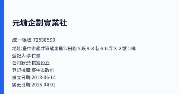 元墉企劃實業社的照片-統編 72538590(臺中市) 公司登記資料與營業項目詳細圖表