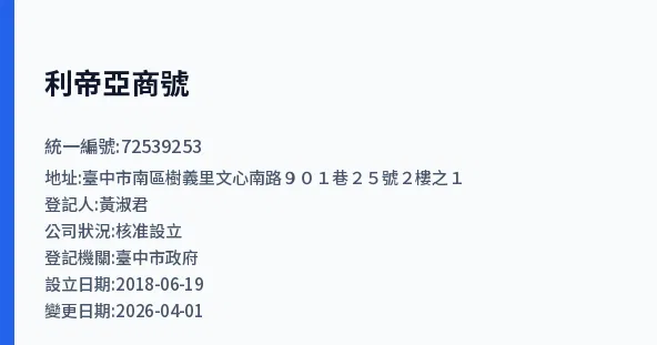 利帝亞商號的照片-統編 72539253(臺中市) 公司登記資料與營業項目詳細圖表