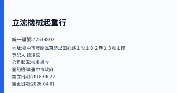 立浤機械起重行的照片-統編 72539802(臺中市) 公司登記資料與營業項目詳細圖表