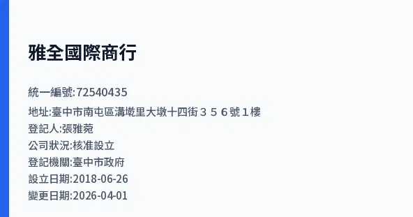 雅全國際商行的照片-統編 72540435(臺中市) 公司登記資料與營業項目詳細圖表
