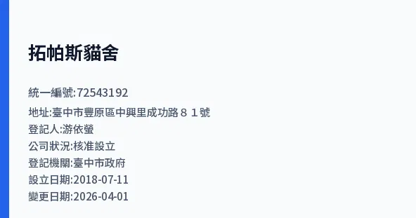 拓帕斯貓舍的照片-統編 72543192(臺中市) 公司登記資料與營業項目詳細圖表