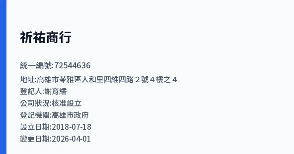 祈祐商行的照片-統編 72544636(高雄市) 公司登記資料與營業項目詳細圖表