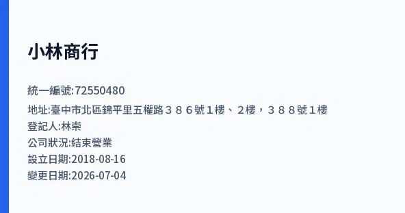 小林商行的照片-統編 72550480(臺中市) 公司登記資料與營業項目詳細圖表