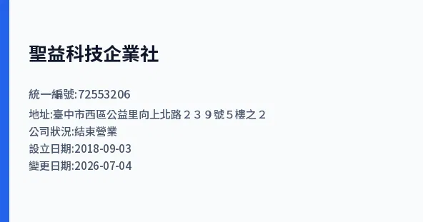 聖益科技企業社的照片-統編 72553206(臺中市) 公司登記資料與營業項目詳細圖表