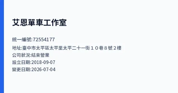 艾恩單車工作室的照片-統編 72554177(臺中市) 公司登記資料與營業項目詳細圖表