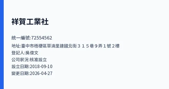 祥賀工業社的照片-統編 72554562(臺中市) 公司登記資料與營業項目詳細圖表