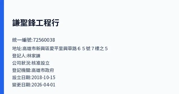 謙聖鋒工程行的照片-統編 72560038(高雄市) 公司登記資料與營業項目詳細圖表