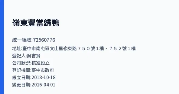 嶺東豐當歸鴨的照片-統編 72560776(臺中市) 公司登記資料與營業項目詳細圖表
