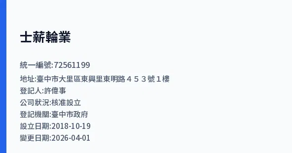 士薪輪業的照片-統編 72561199(臺中市) 公司登記資料與營業項目詳細圖表