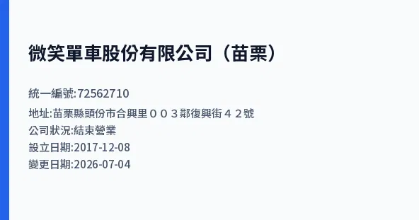 微笑單車股份有限公司(苗栗)的照片-統編 72562710(苗栗縣) 公司登記資料與營業項目詳細圖表
