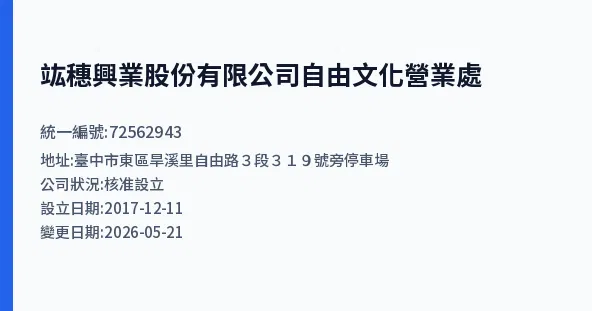 竑穗興業股份有限公司自由文化營業處的照片-統編 72562943(臺中市) 公司登記資料與營業項目詳細圖表