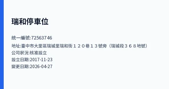 瑞和停車位的照片-統編 72563746(臺中市) 公司登記資料與營業項目詳細圖表
