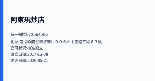 阿東現炒店的照片-統編 72564506(南投縣) 公司登記資料與營業項目詳細圖表