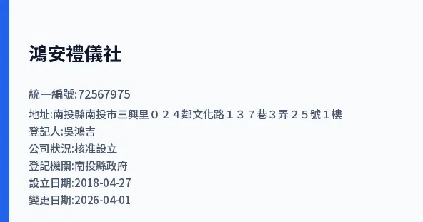 鴻安禮儀社的照片-統編 72567975(南投縣) 公司登記資料與營業項目詳細圖表