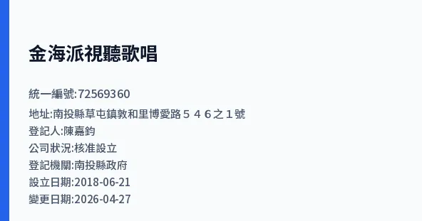 金海派視聽歌唱的照片-統編 72569360(南投縣) 公司登記資料與營業項目詳細圖表