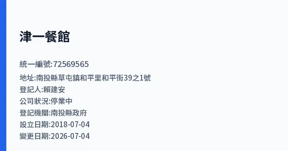 津一餐館的照片-統編 72569565(南投縣) 公司登記資料與營業項目詳細圖表