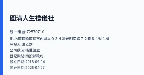 圓滿人生禮儀社的照片-統編 72570710(南投縣) 公司登記資料與營業項目詳細圖表