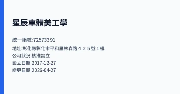 星辰車體美工學的照片-統編 72573391(彰化縣) 公司登記資料與營業項目詳細圖表