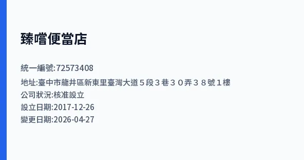 臻嚐便當店的照片-統編 72573408(臺中市) 公司登記資料與營業項目詳細圖表