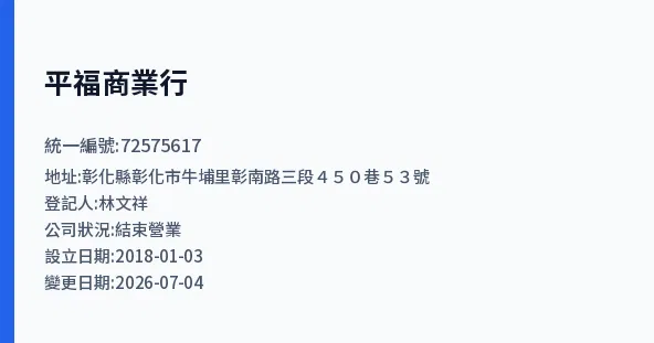 平福商業行的照片-統編 72575617(彰化縣) 公司登記資料與營業項目詳細圖表
